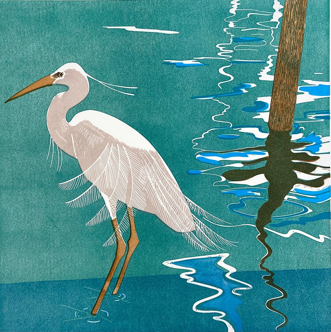 Linocut of a Little Egret - Etsy