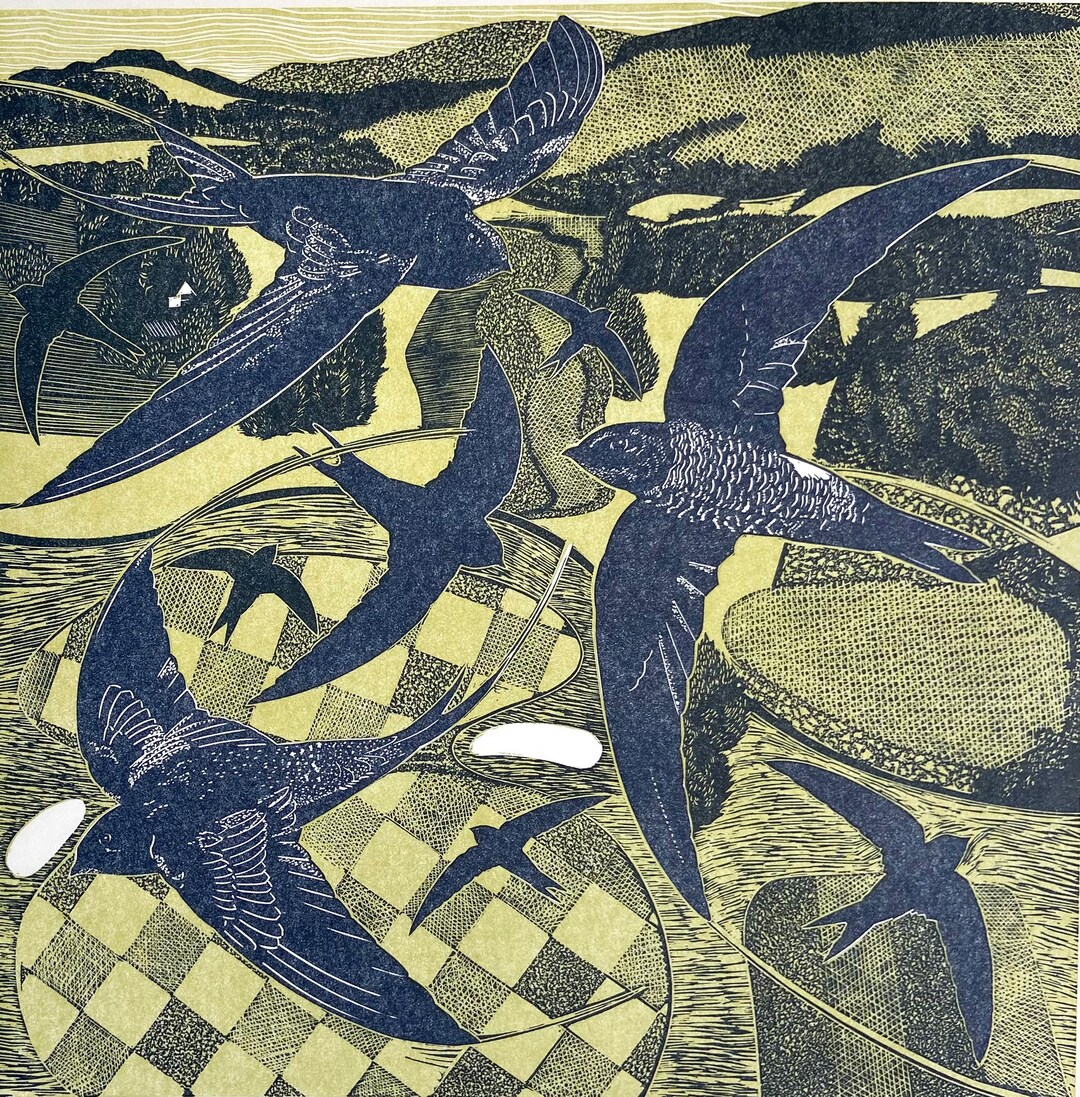 Swallows Flying Linocut - Etsy