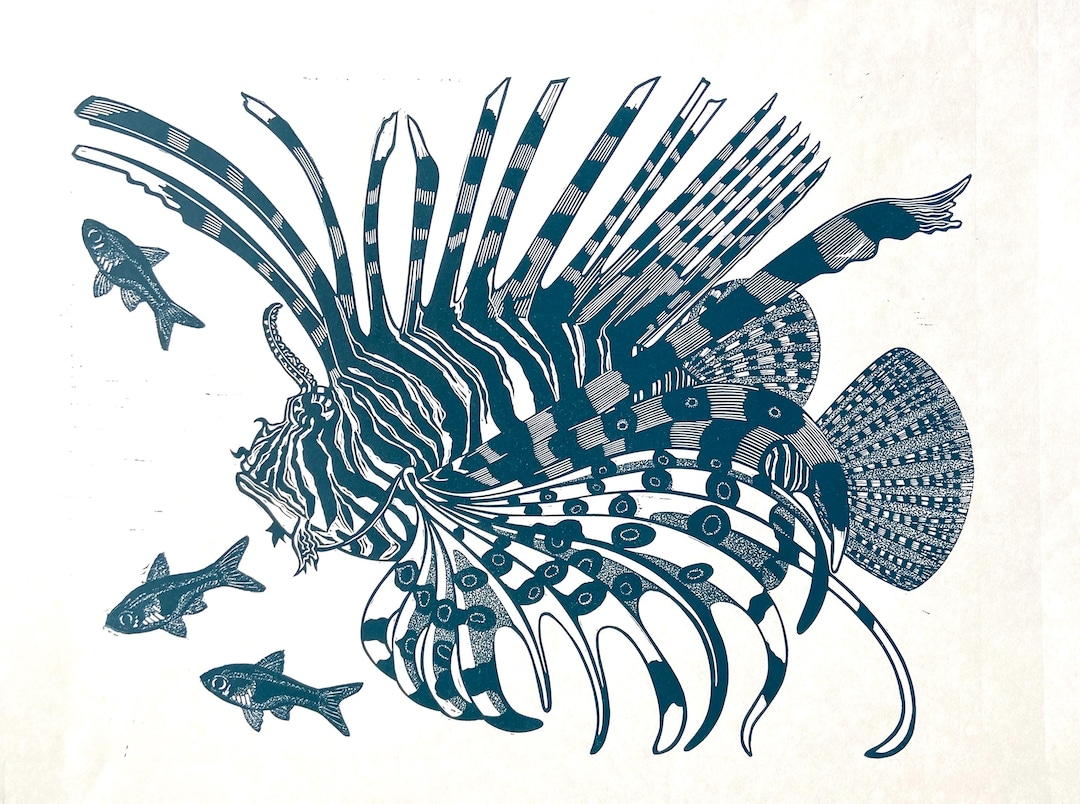 Linocut Print of a Lion Fish - Etsy