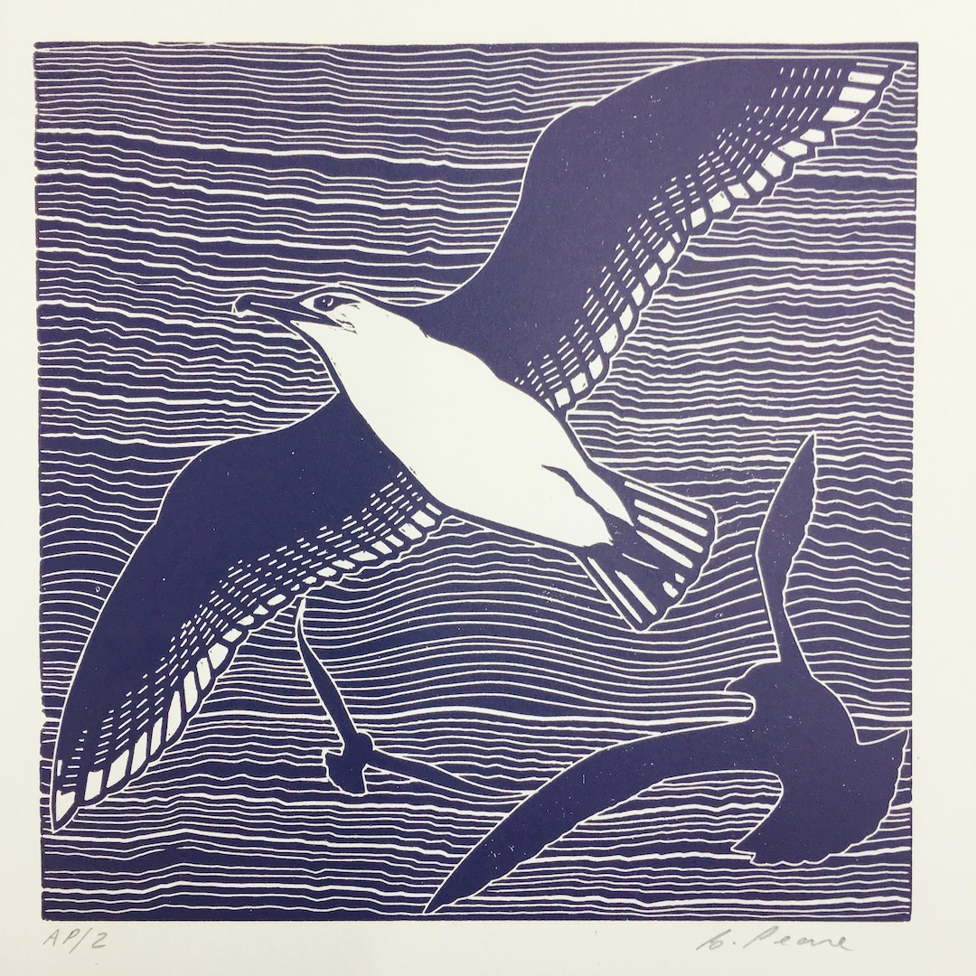 Linocut Print of Flying Seagulls - Etsy