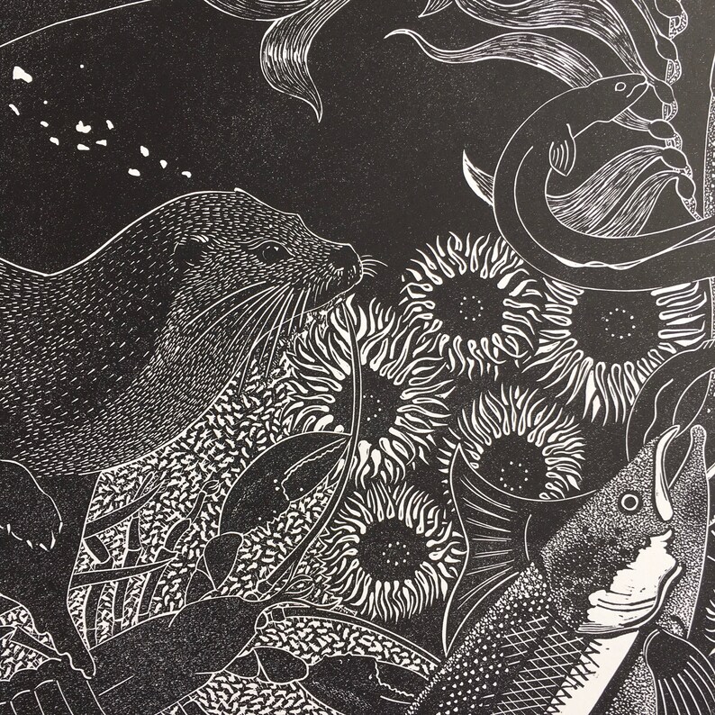 Large Circular Linocut Print of a Nocturnal Underwater Scene - Etsy