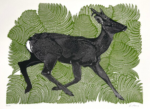 Limited Edition Linocut of a Running Deer - Etsy
