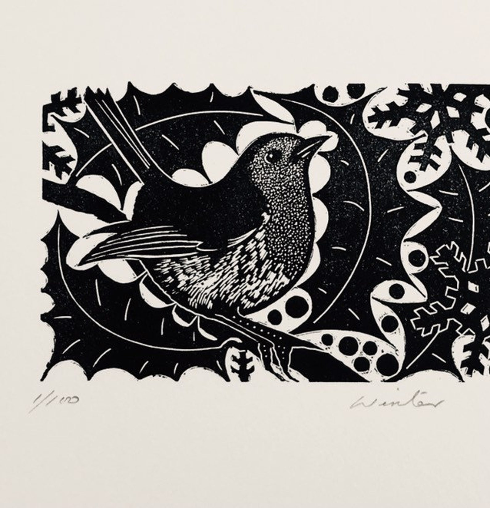 Linocut Print of Winter With Robins, Holly and Snowflakes - Etsy
