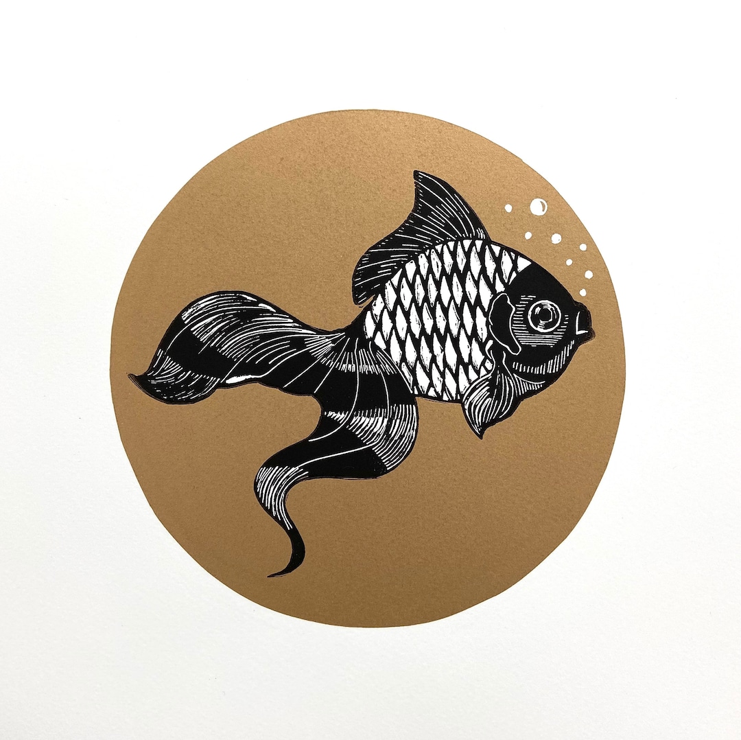 Linocut of a Goldfish in a Gold Bubble - Etsy