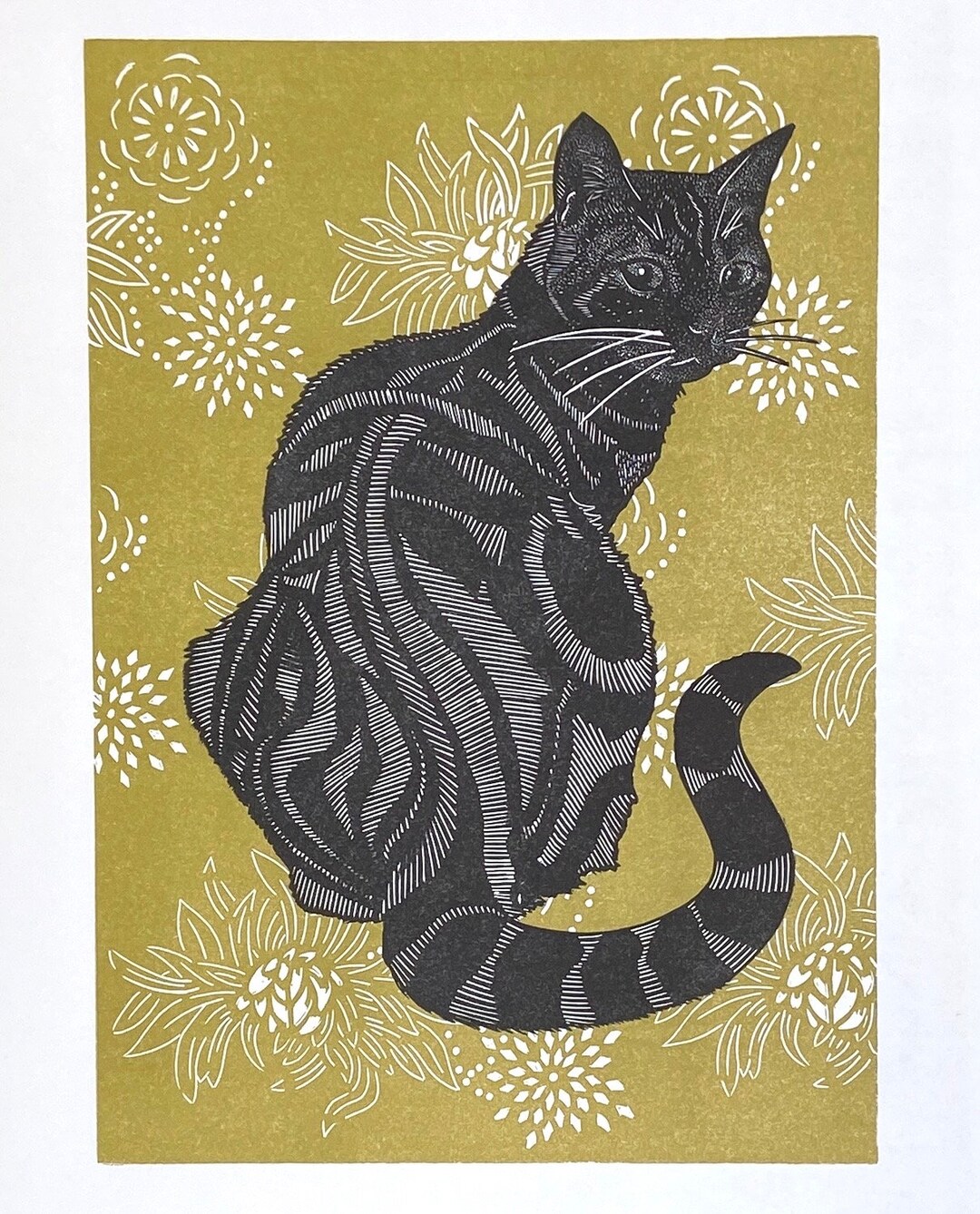 Linocut of Sitting Cat - Etsy