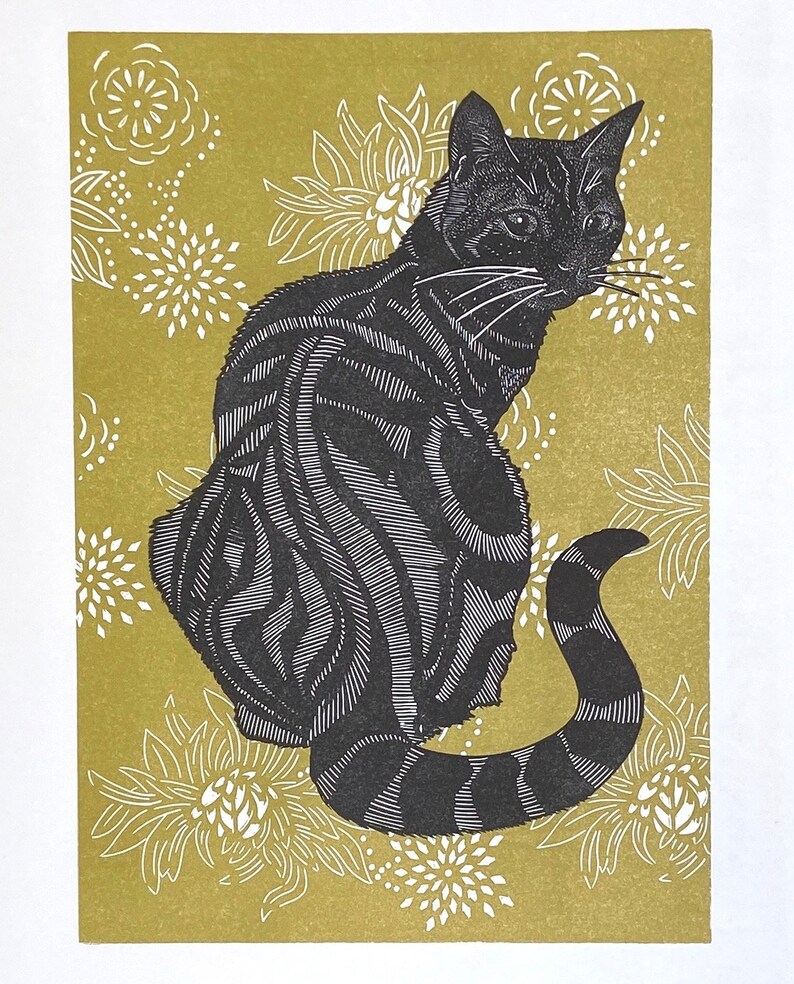 Linocut of Sitting Cat - Etsy