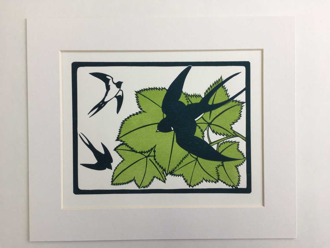 Linocut Print of Flying Swallows - Etsy
