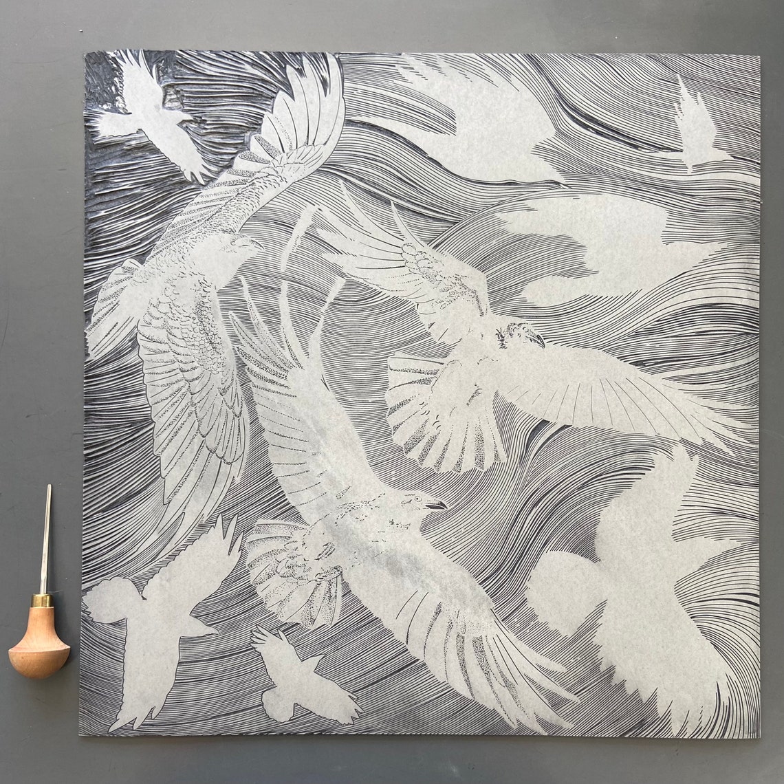 Linocut of Flying Ravens - Etsy