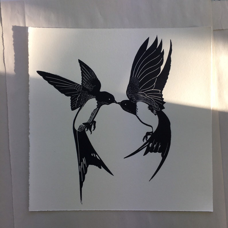 Linocut Print of Two Flying Swallows - Etsy