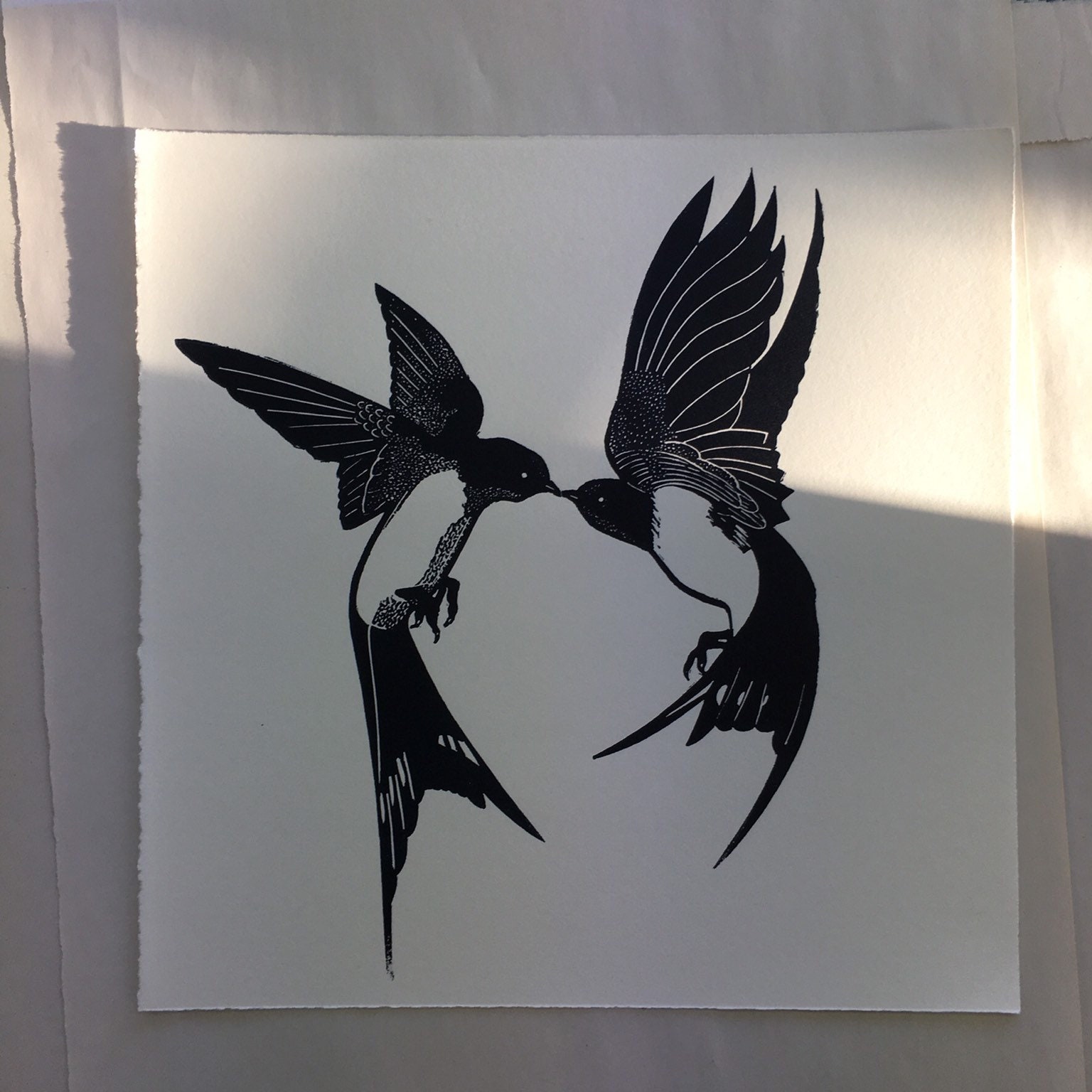 Linocut Print of Two Flying Swallows - Etsy