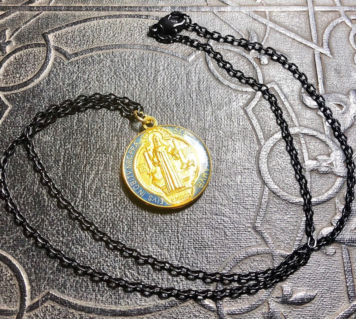 Blue and Red Exorcism Talisman Enameled Golden Saint Benedict Medallion ...