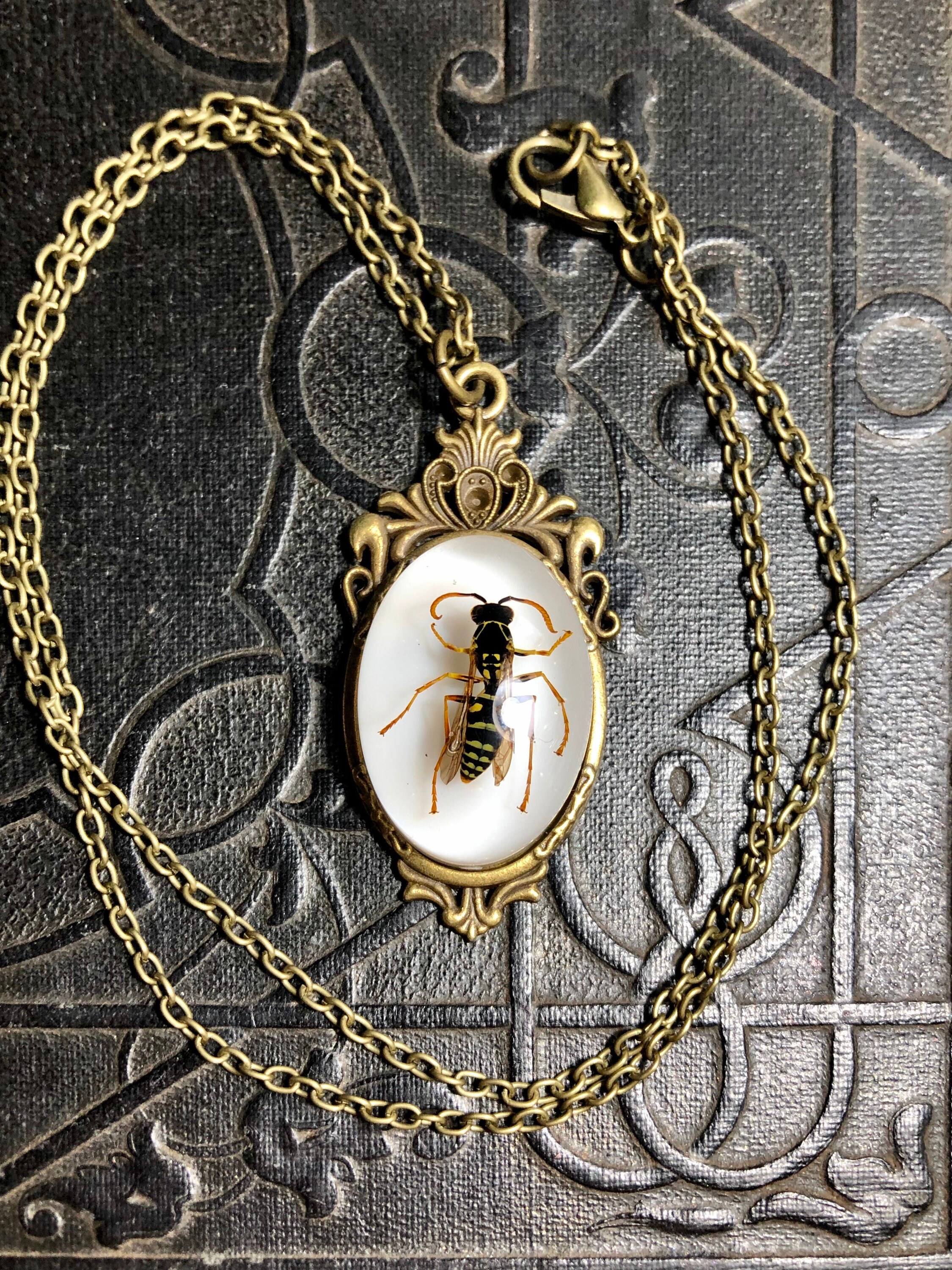 Real Yellow Wasp Specimen on Bronze Frame Bezel in Resin Insect Cameo ...
