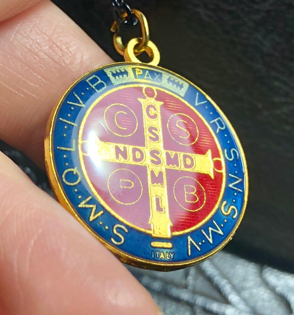 Blue and Red Exorcism Talisman Enameled Golden Saint Benedict Medallion ...