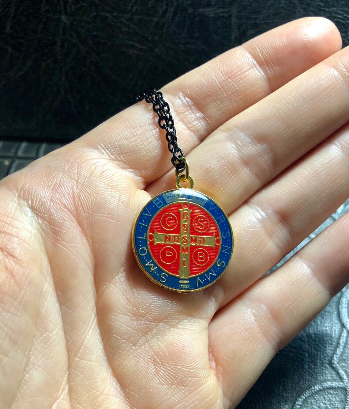 Blue and Red Exorcism Talisman Enameled Golden Saint Benedict Medallion ...