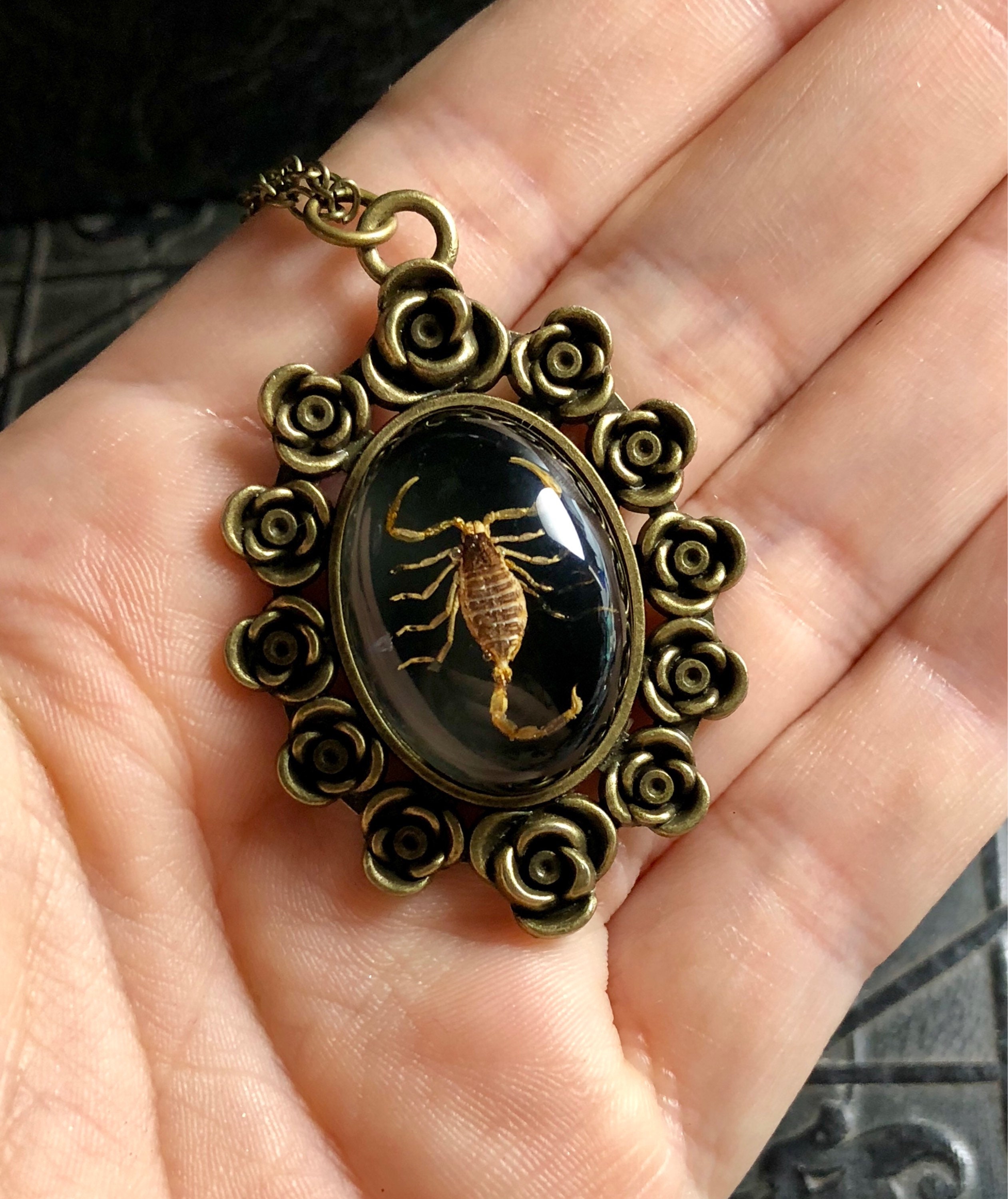 Real Golden Scorpion Specimen on Black Resin in Rose Ring Bronze ...