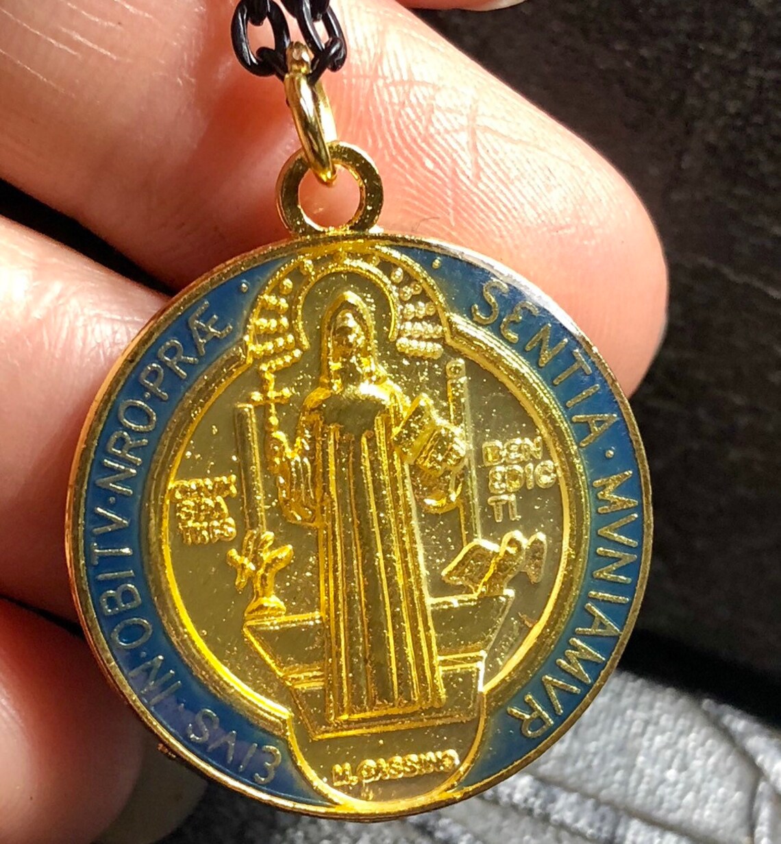 Blue and Red Exorcism Talisman Enameled Golden Saint Benedict Medallion ...