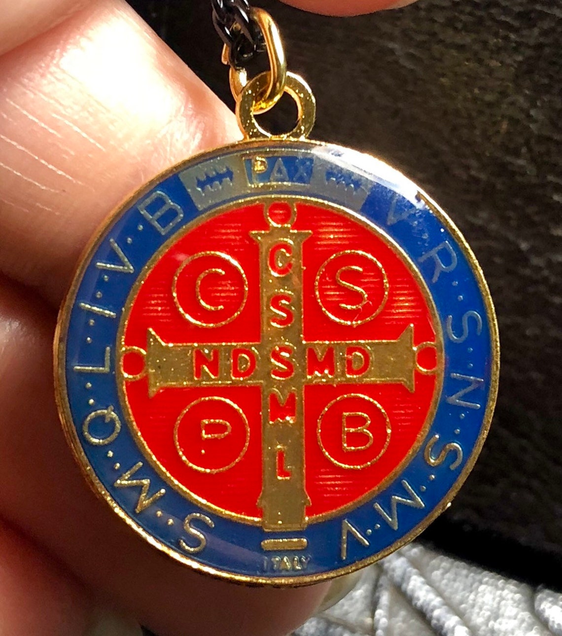 Blue and Red Exorcism Talisman Enameled Golden Saint Benedict Medallion ...