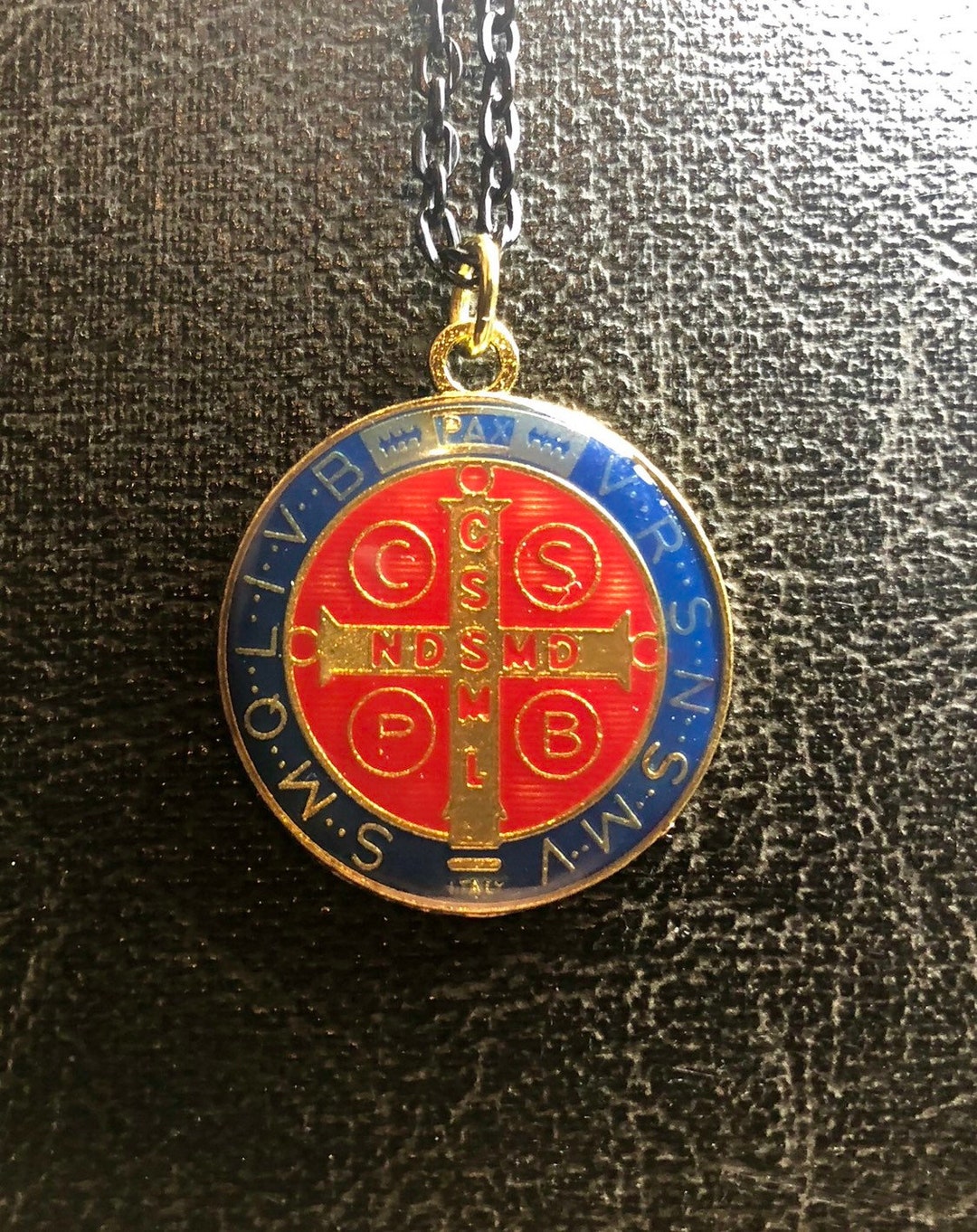 Blue and Red Exorcism Talisman Enameled Golden Saint Benedict Medallion ...