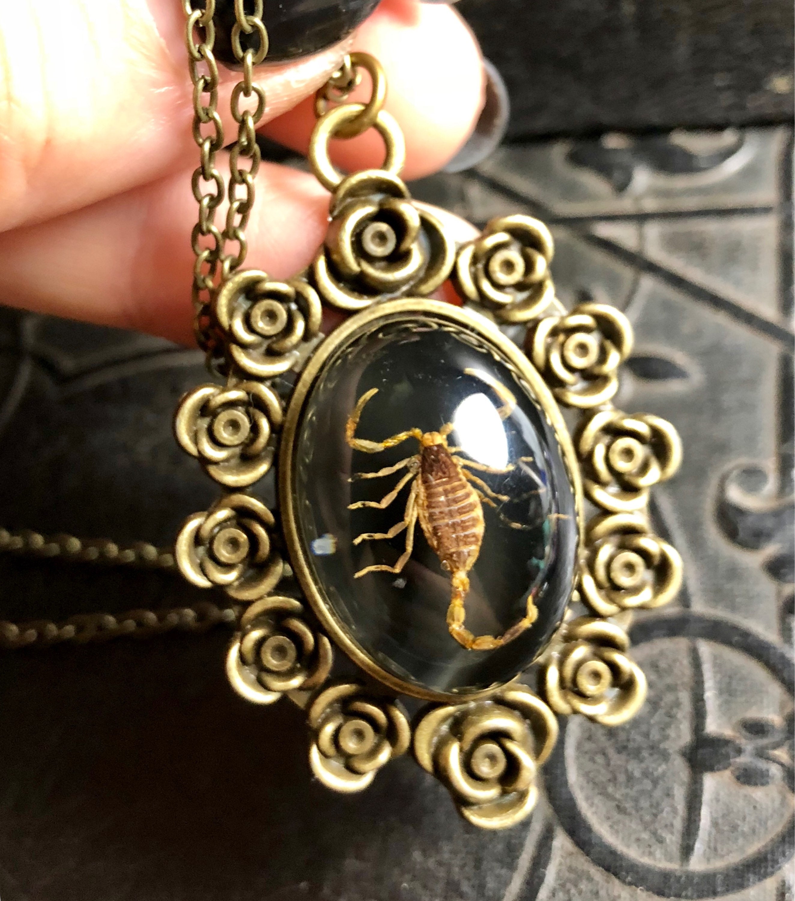 Real Golden Scorpion Specimen on Black Resin in Rose Ring Bronze ...