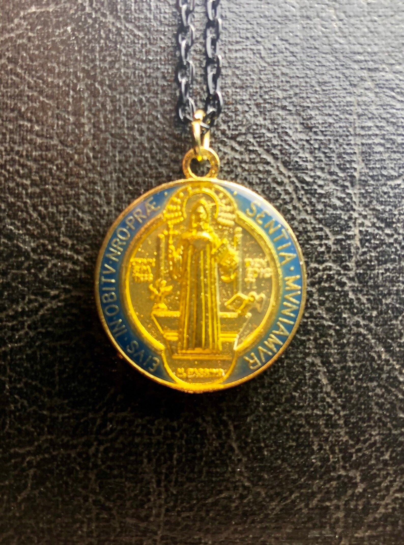 Blue and Red Exorcism Talisman Enameled Golden Saint Benedict Medallion ...