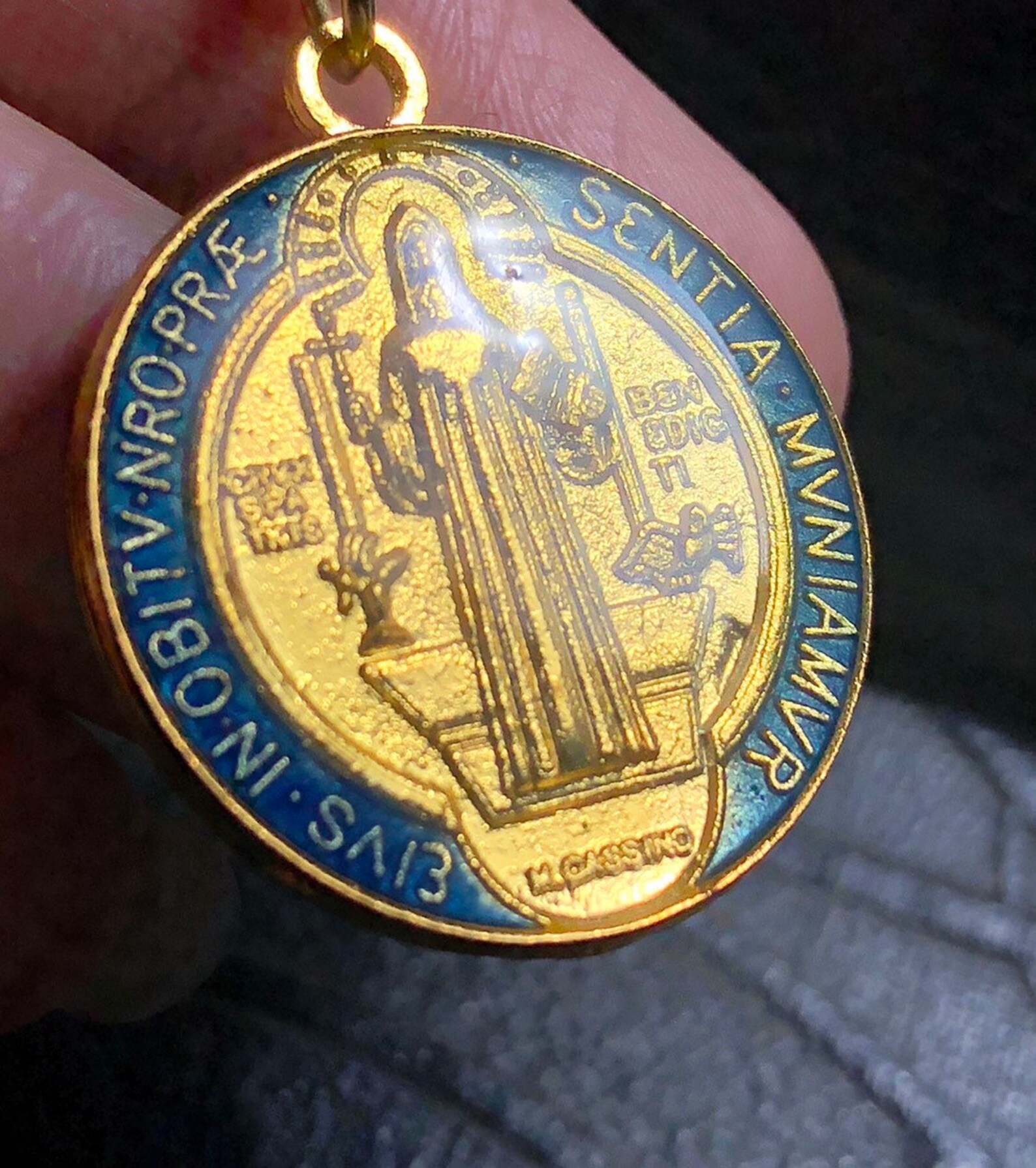 Blue and Red Exorcism Talisman Enameled Golden Saint Benedict Medallion ...