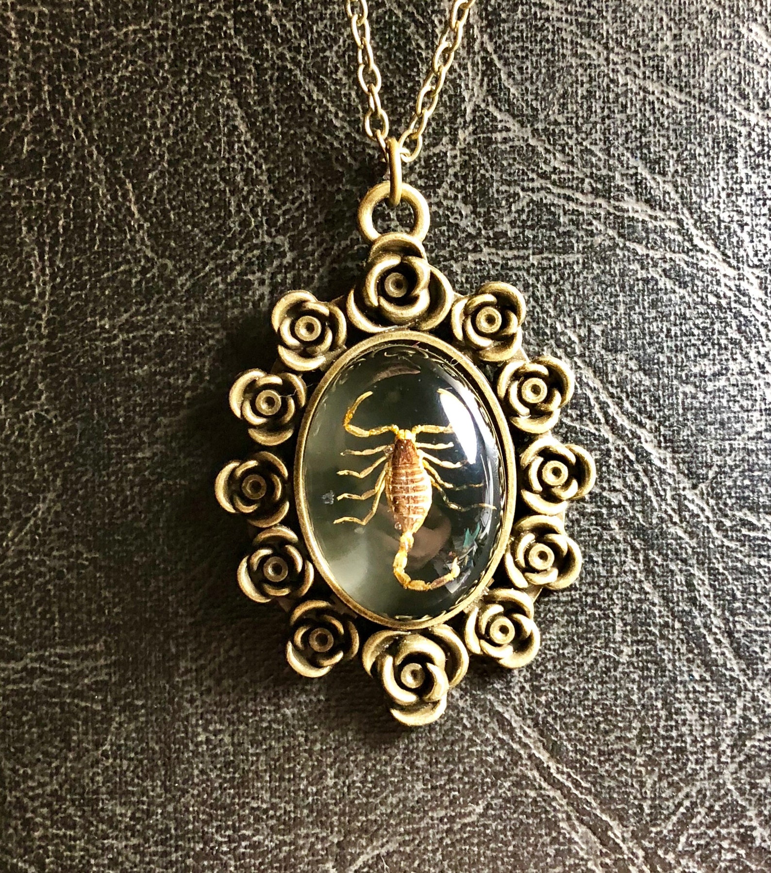 Real Golden Scorpion Specimen on Black Resin in Rose Ring Bronze ...