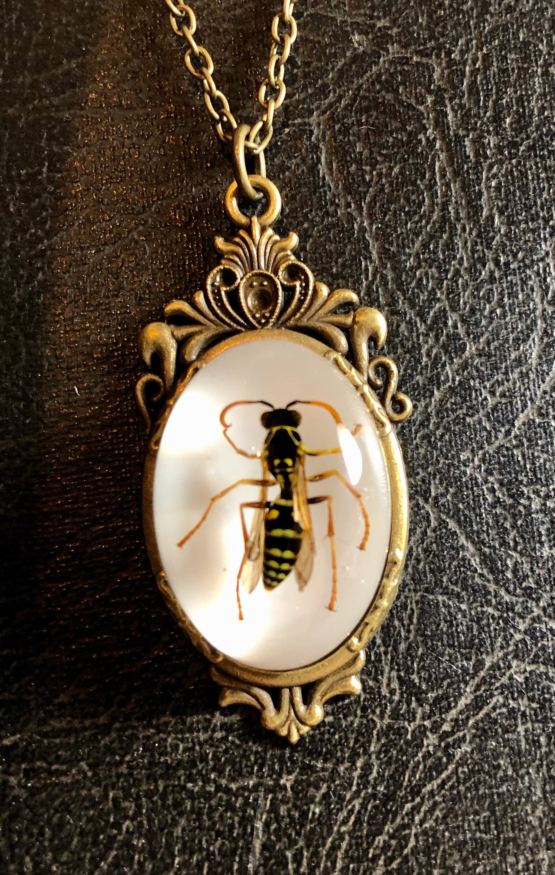 Real Yellow Wasp Specimen on Bronze Frame Bezel in Resin Insect Cameo ...