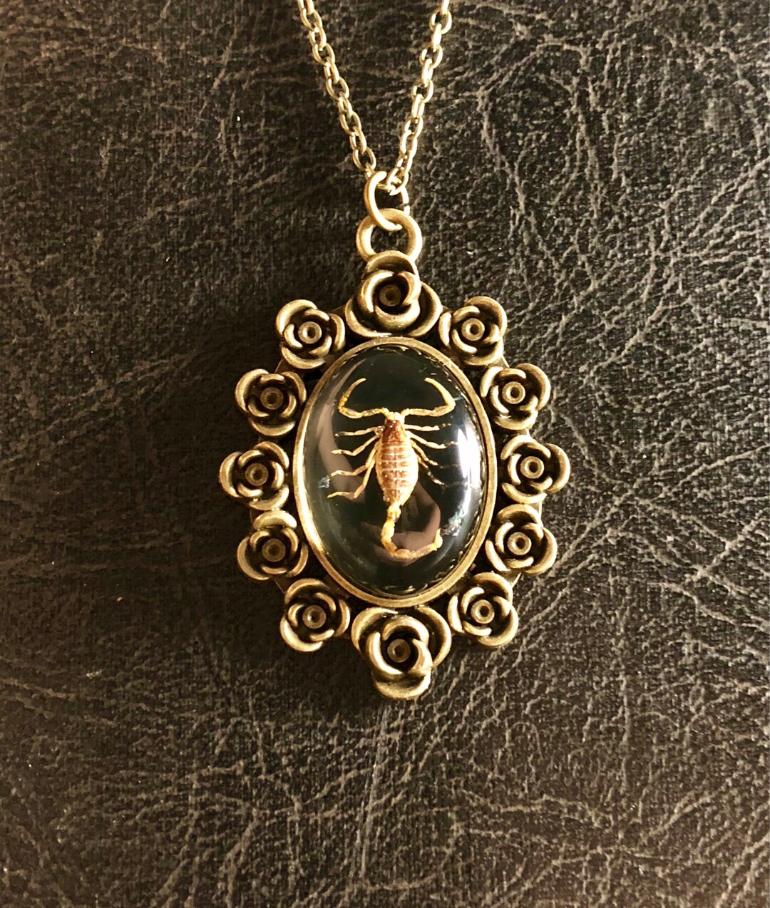 Real Golden Scorpion Specimen on Black Resin in Rose Ring Bronze ...