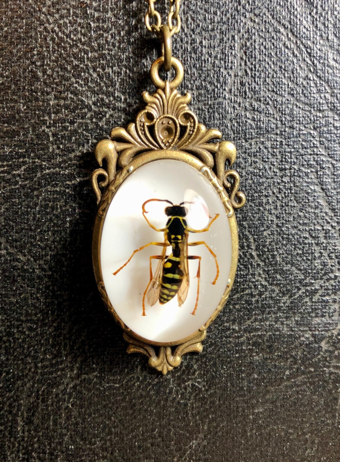 Real Yellow Wasp Specimen on Bronze Frame Bezel in Resin Insect Cameo ...