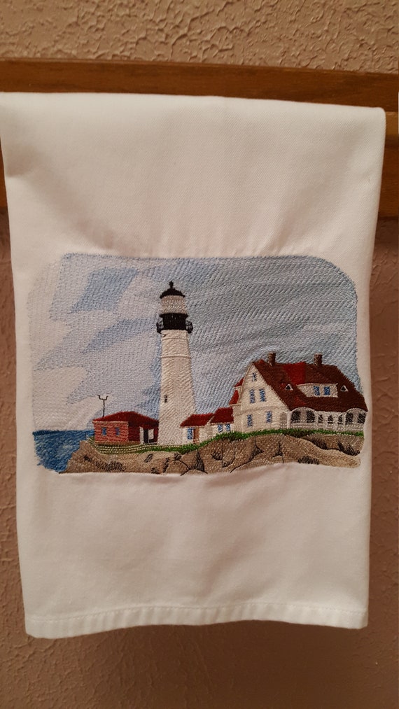 Embroidered Lighthouse Hand Towel Portland Maine Head Light - Etsy