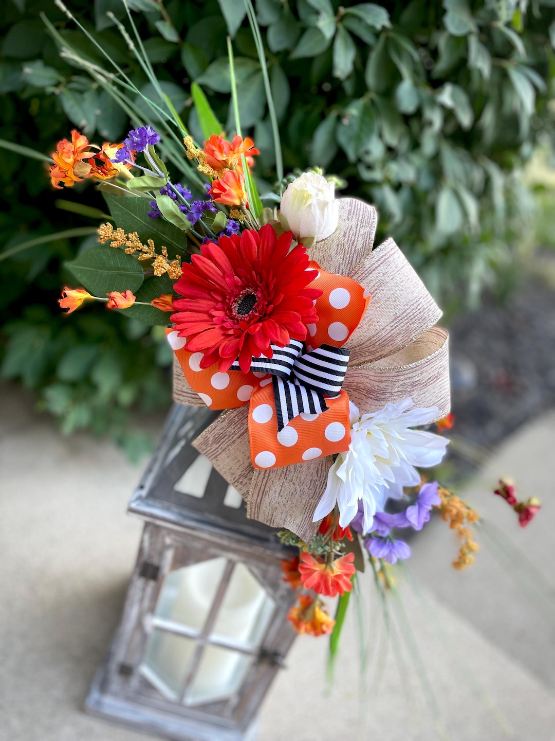 Fall Lantern Swag: Orange Floral Topper With Polka Dot Bow - Etsy