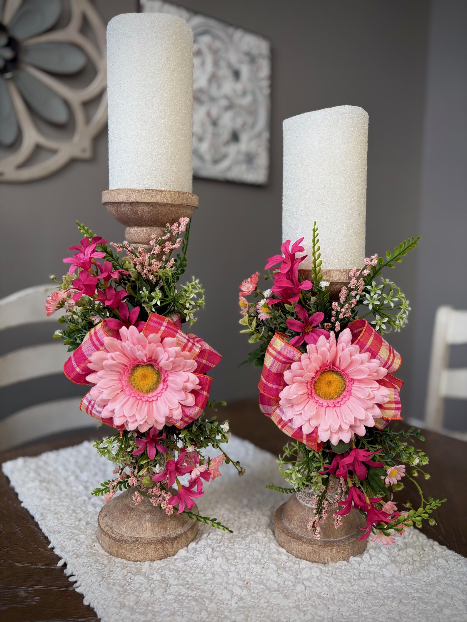Floral Candle Holder Swag: Spring Summer Daisy Pink Plaid Wildflower ...