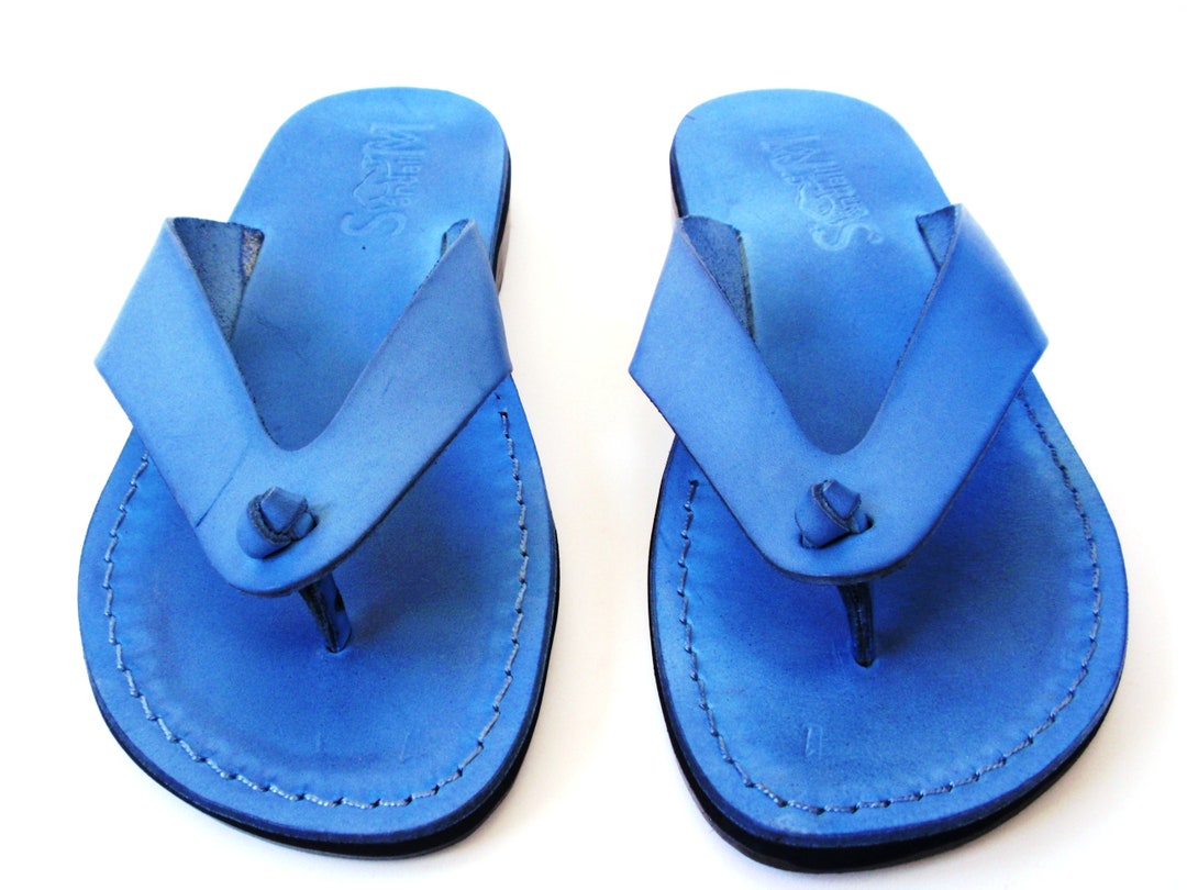Blue Genuine Leather Sandals for Men, Men's Classic Summer Beach Flip ...
