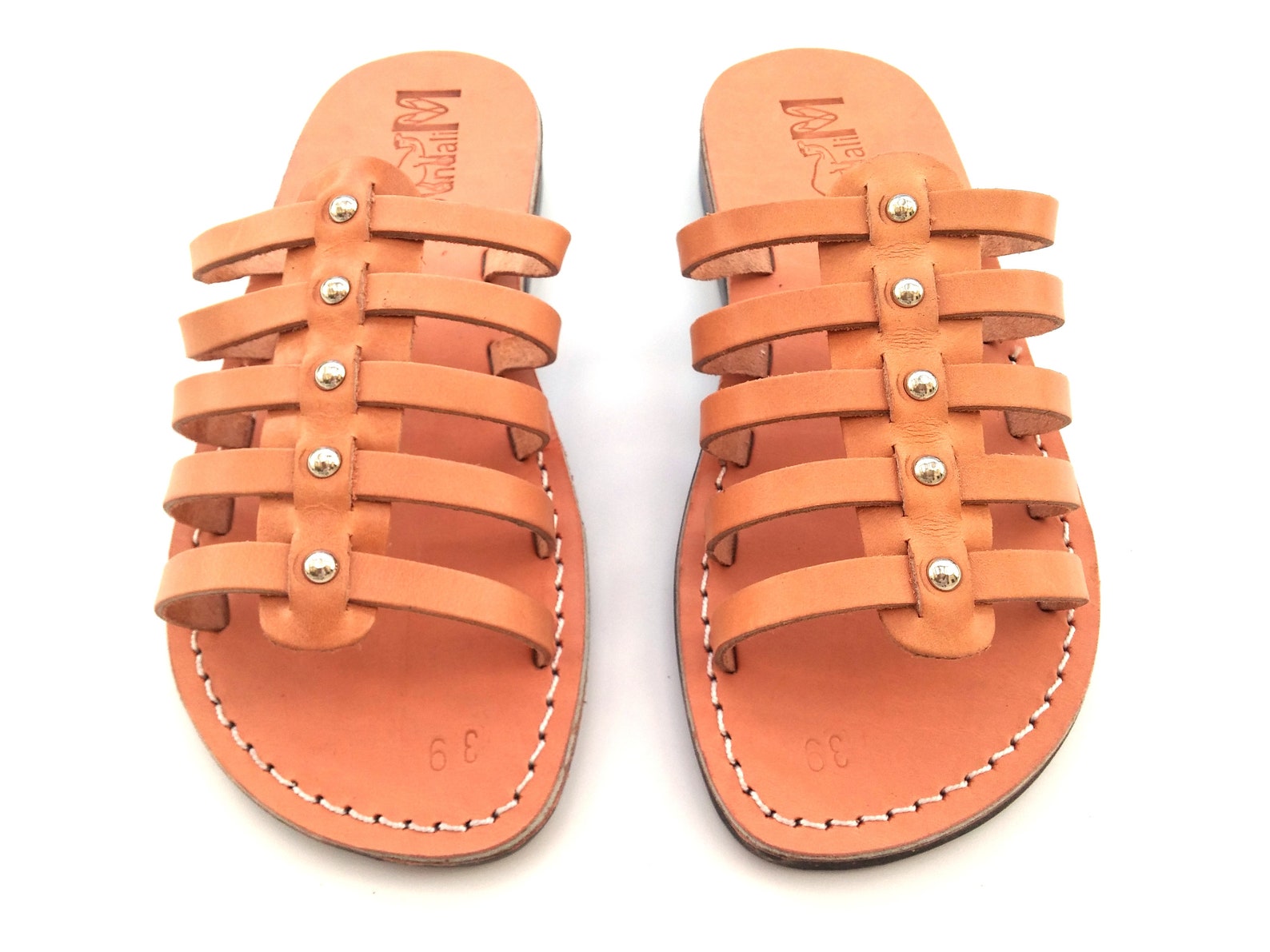 Brown Leather Open Toe Sandals for Ladies, Women's Greek Style Slides ...