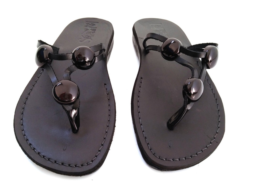 Women's Black Leather Thongs Sandals, Unique Decorated Everyday Shoes ...