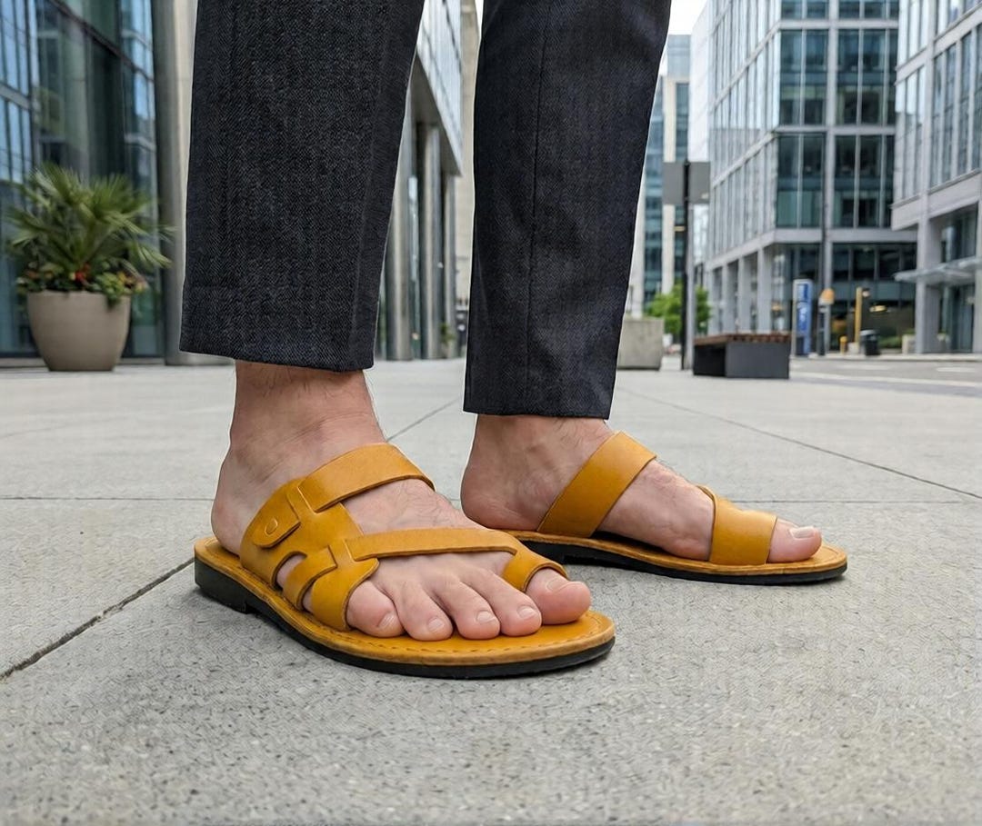Yellow Slide Sandals | Vibrant Leather Toe Loop Shoes | Cute Beach ...