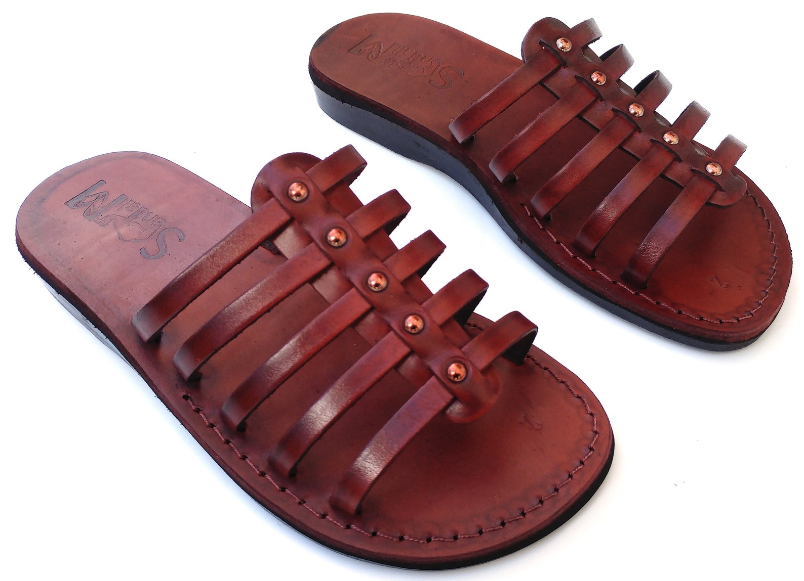 Brown Leather Open Toe Sandals for Ladies, Women's Greek Style Slides ...
