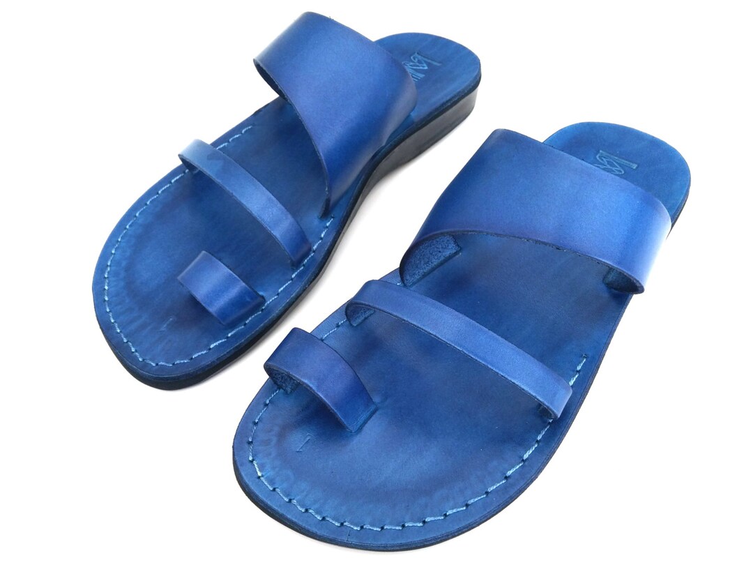 Blue Leather Sandals for Men and Women, Handmade Flats Flip Flops ...