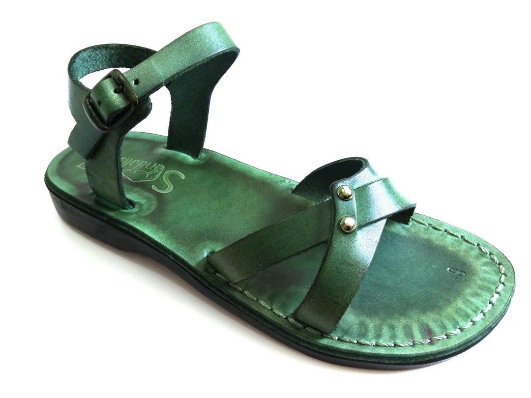 Green Leather Sandals With Buckle for Women, Comfortable Classic Ladies ...