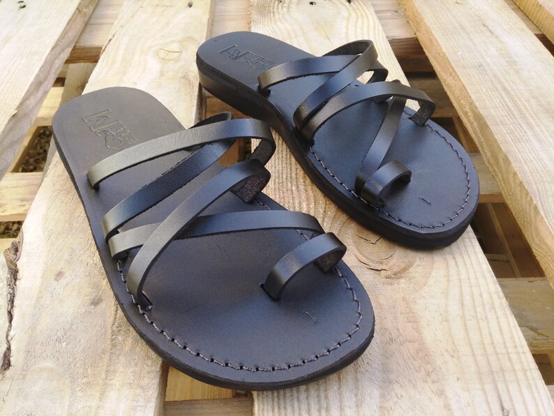 Black Leather Toe Ring Sandals for Ladies Comfortable - Etsy