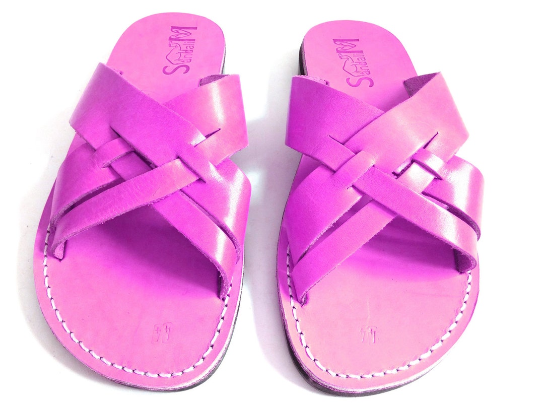PINK Leather Summer Beach Sandals for Women, Ladie's Greek Style Flats ...