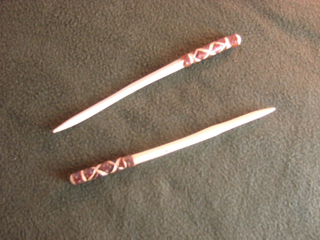 Rustic Stilletto Cherry Hair Sticks Cross Spiral Bark Handle ...