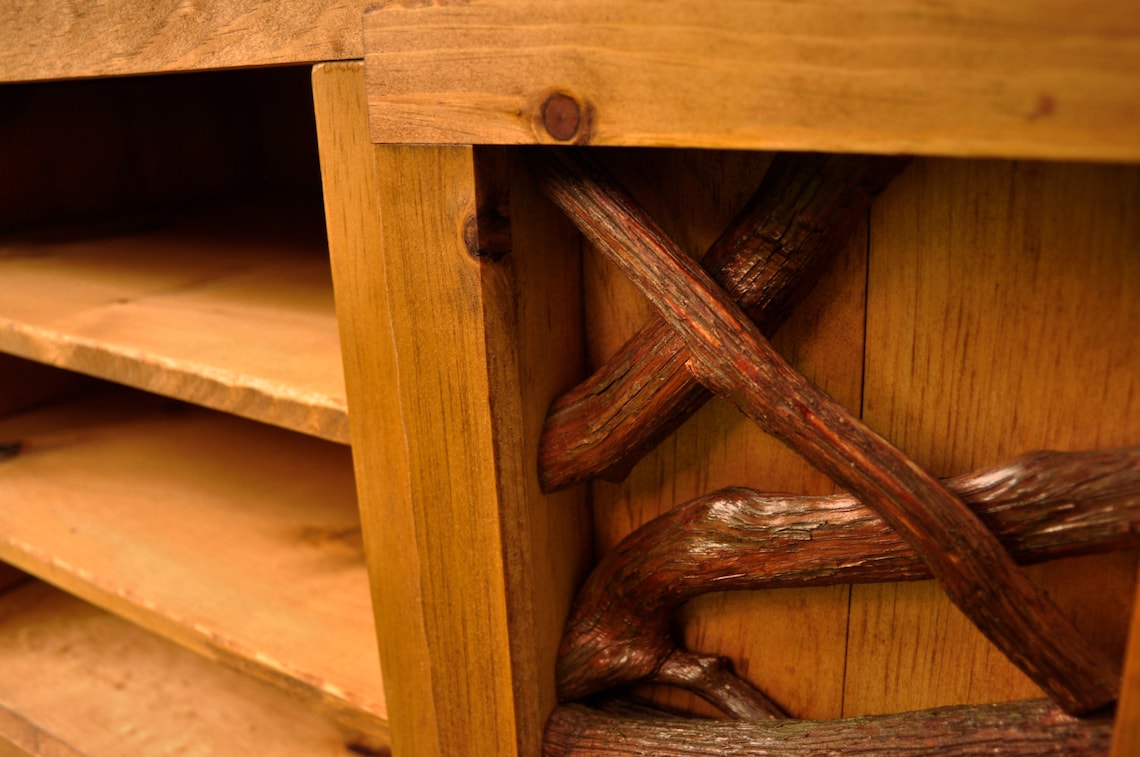 Rustic Wood Media TV Console Sideboard Table With Mountain Laurel ...