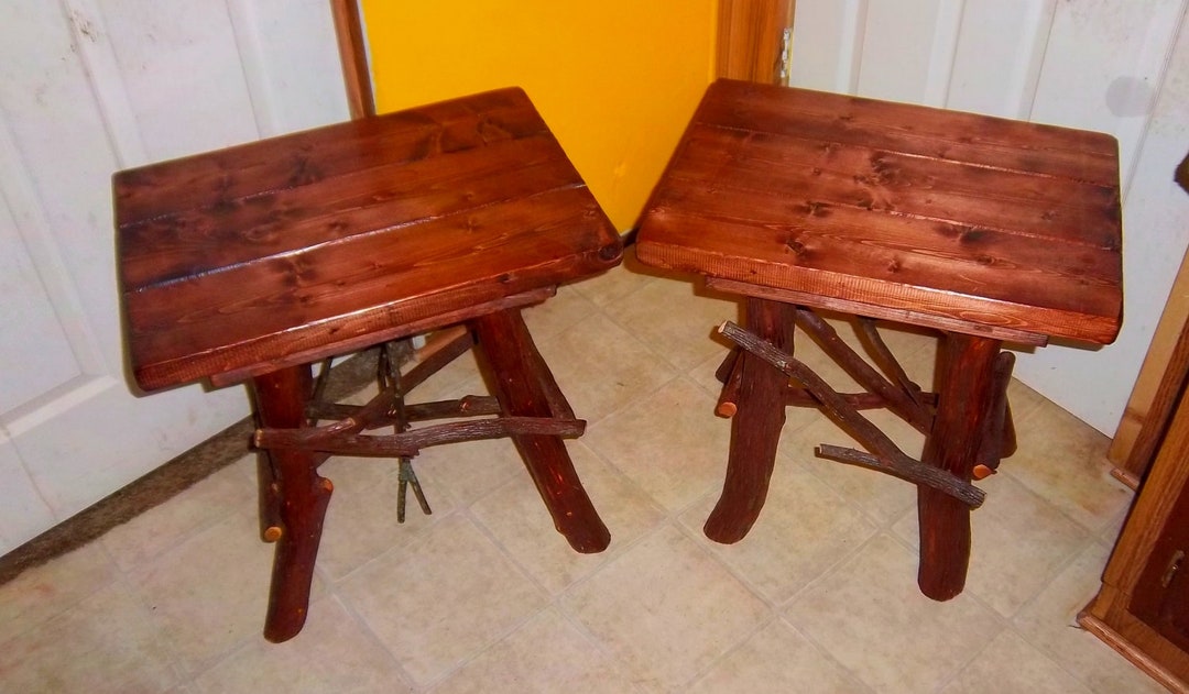 Rustic Pair of Handmade Red Stained Pine and Laurel End Side Tables ...