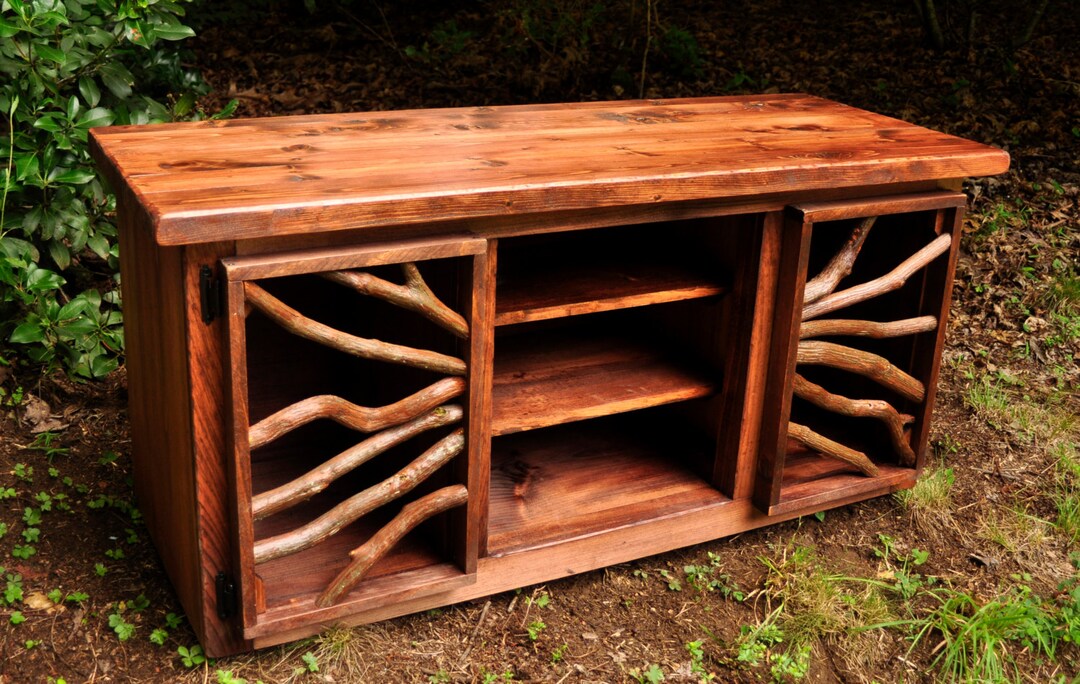 Rustic Primitive TV Media Entertainment Table Red Pine Wood Log Cabin ...