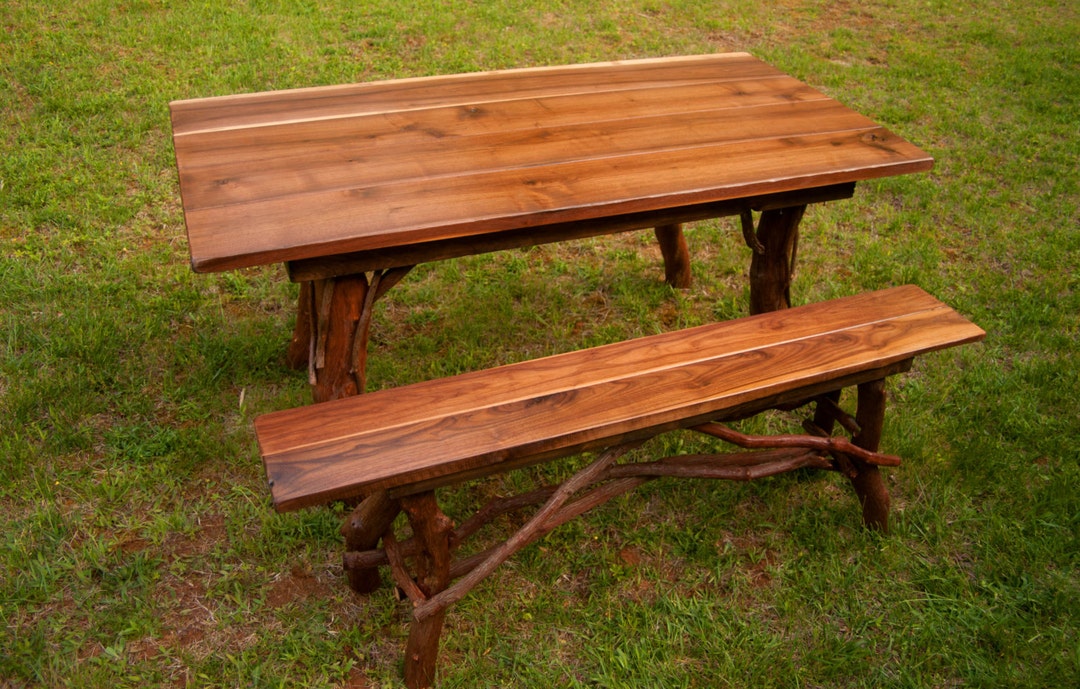 Rustic Walnut Dining Table and Bench Set Log Cabin Adirondack Furniture ...