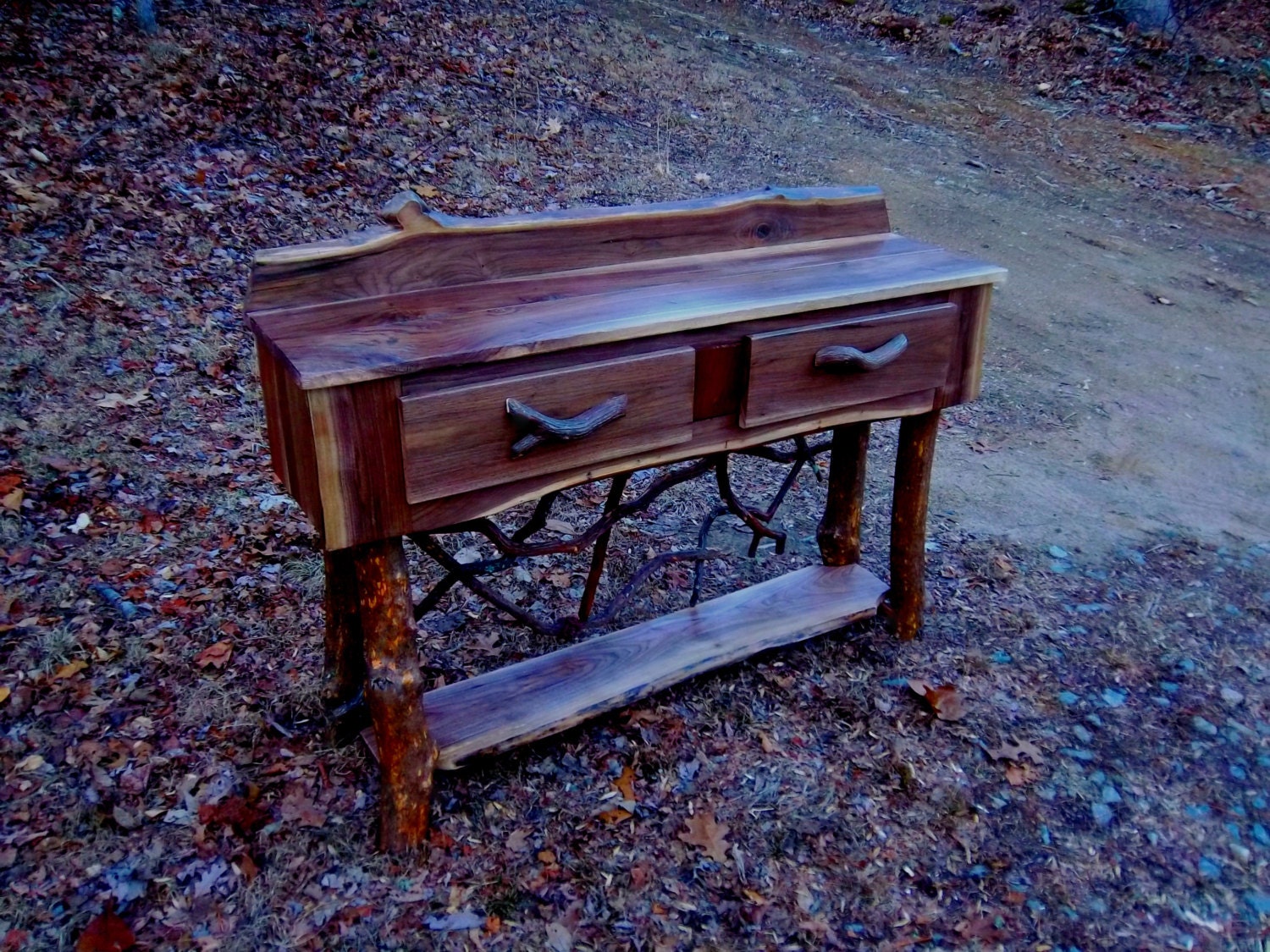 Rustic Walnut Wood Console Sofa Table With Mountain Laurel Adirondack ...
