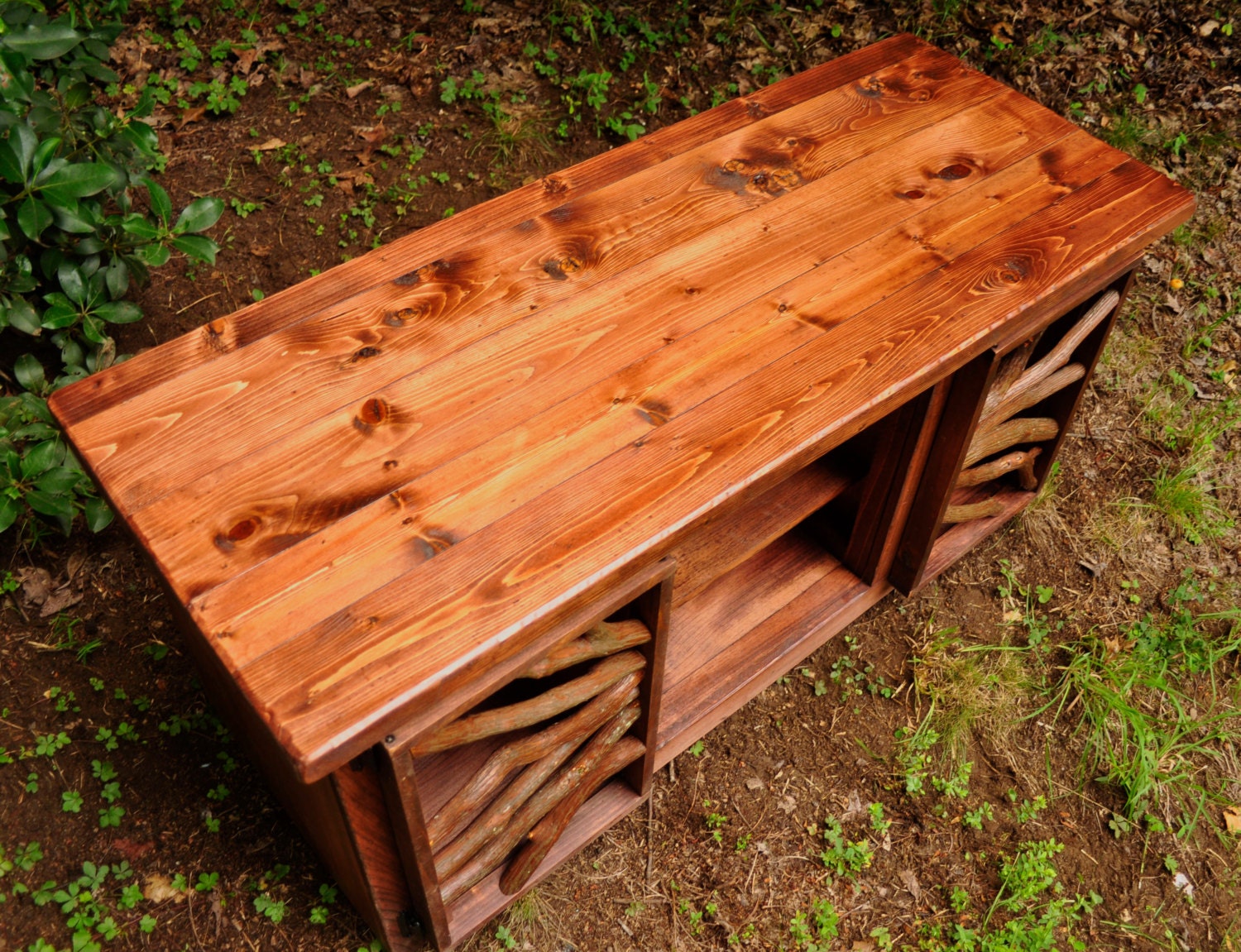 Rustic Primitive TV Media Entertainment Table Red Pine Wood Log Cabin ...