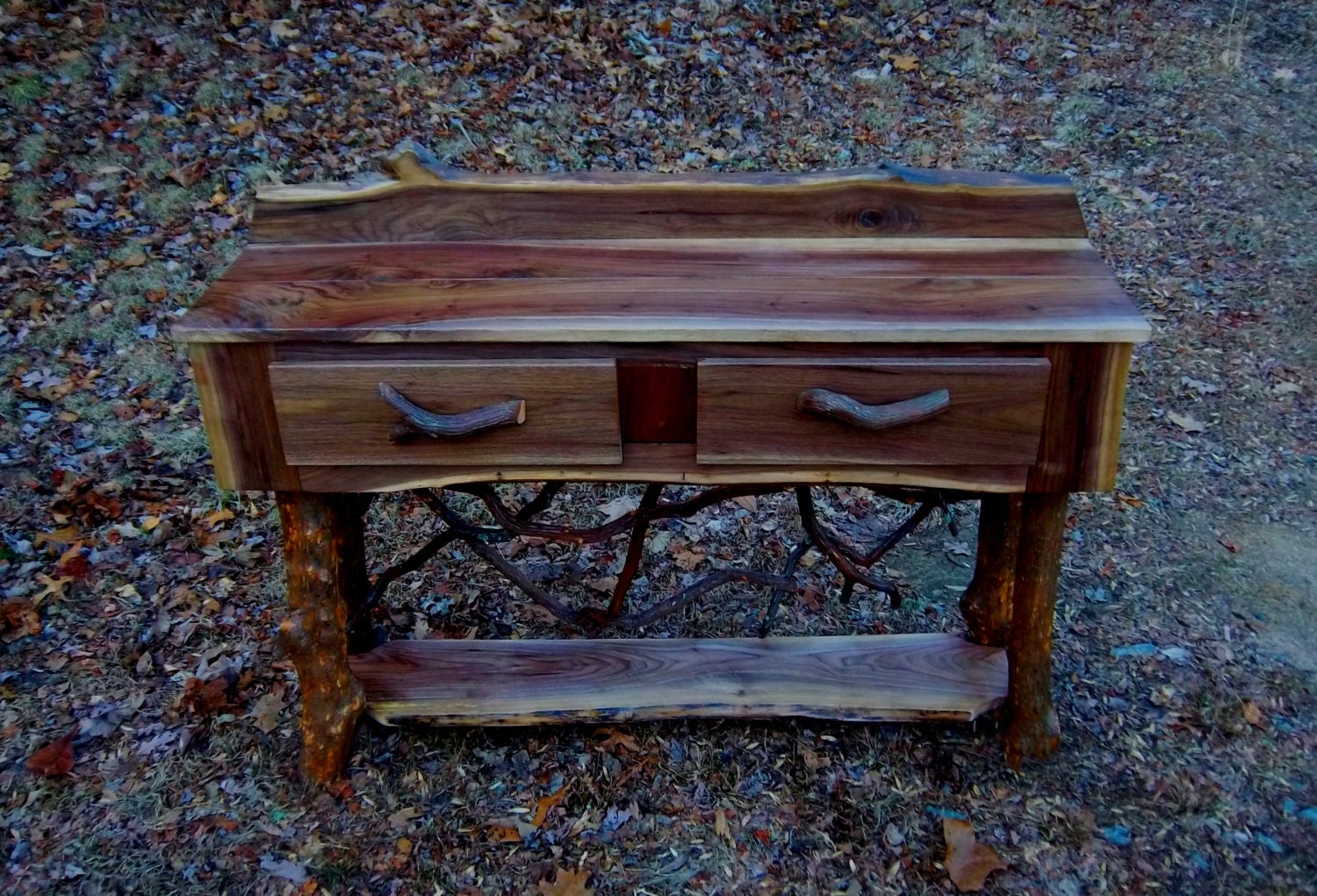 Rustic Walnut Wood Console Sofa Table With Mountain Laurel Adirondack ...