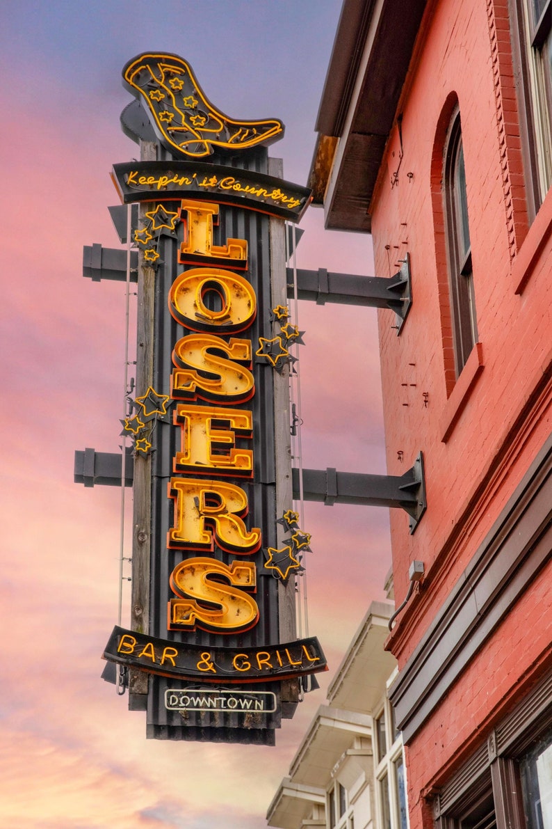 Nashville Photo, Broadway, Neon Sign, Losers Bar, Tennessee Wall Decor ...